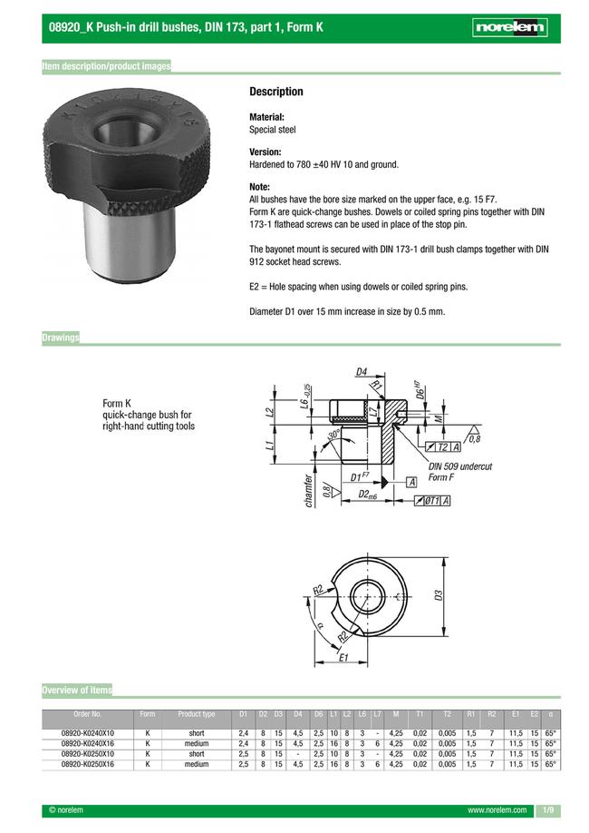 Push-in drill bushes, DIN 173, part 1, Form K (08920) from NORELEM | MISUMI