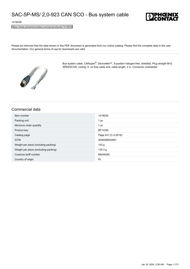 Cable bus SAC-5P, enchufe recto M12 SPEEDCON from PHOENIX CONTACT | MISUMI